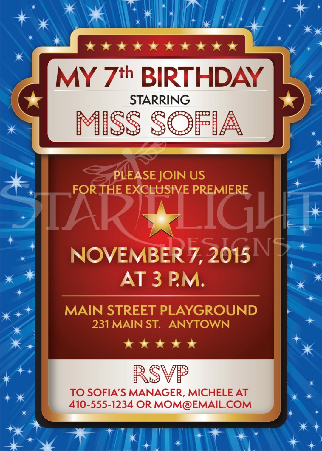 Hollywood Movie Marquee Birthday Card - Printable PDF - Etsy