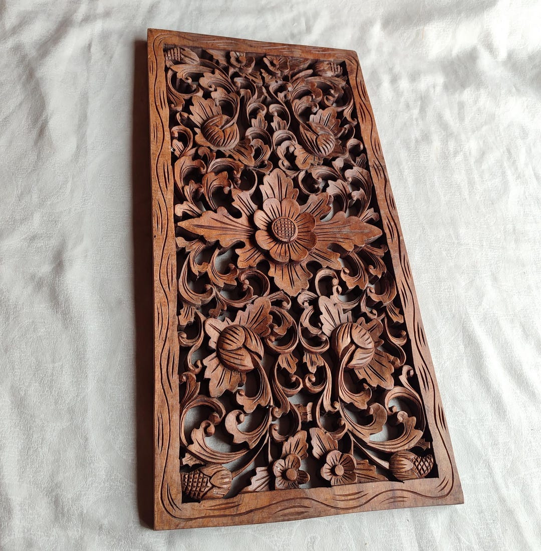 Hand Carved Wooden Wall Motif Bunga,wall Panel Art Mandala Home Decor ...