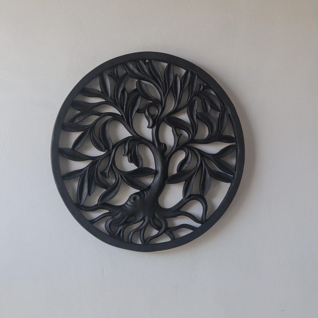 Round Wooden Carved Wall Art Black, Wall Panel Art Carved, Wall Panel ...