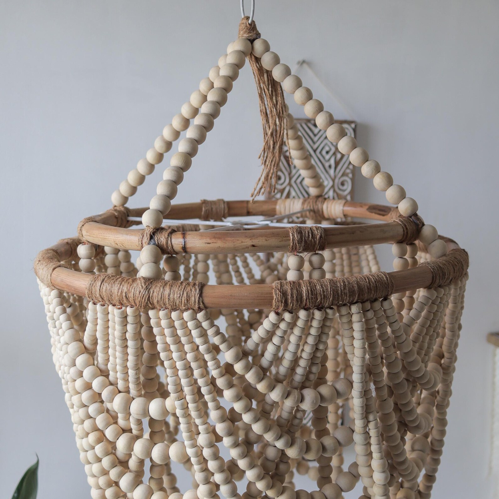 Wood Beaded Ceiling Light, Beaded Chandelier in Beige Color,natural ...