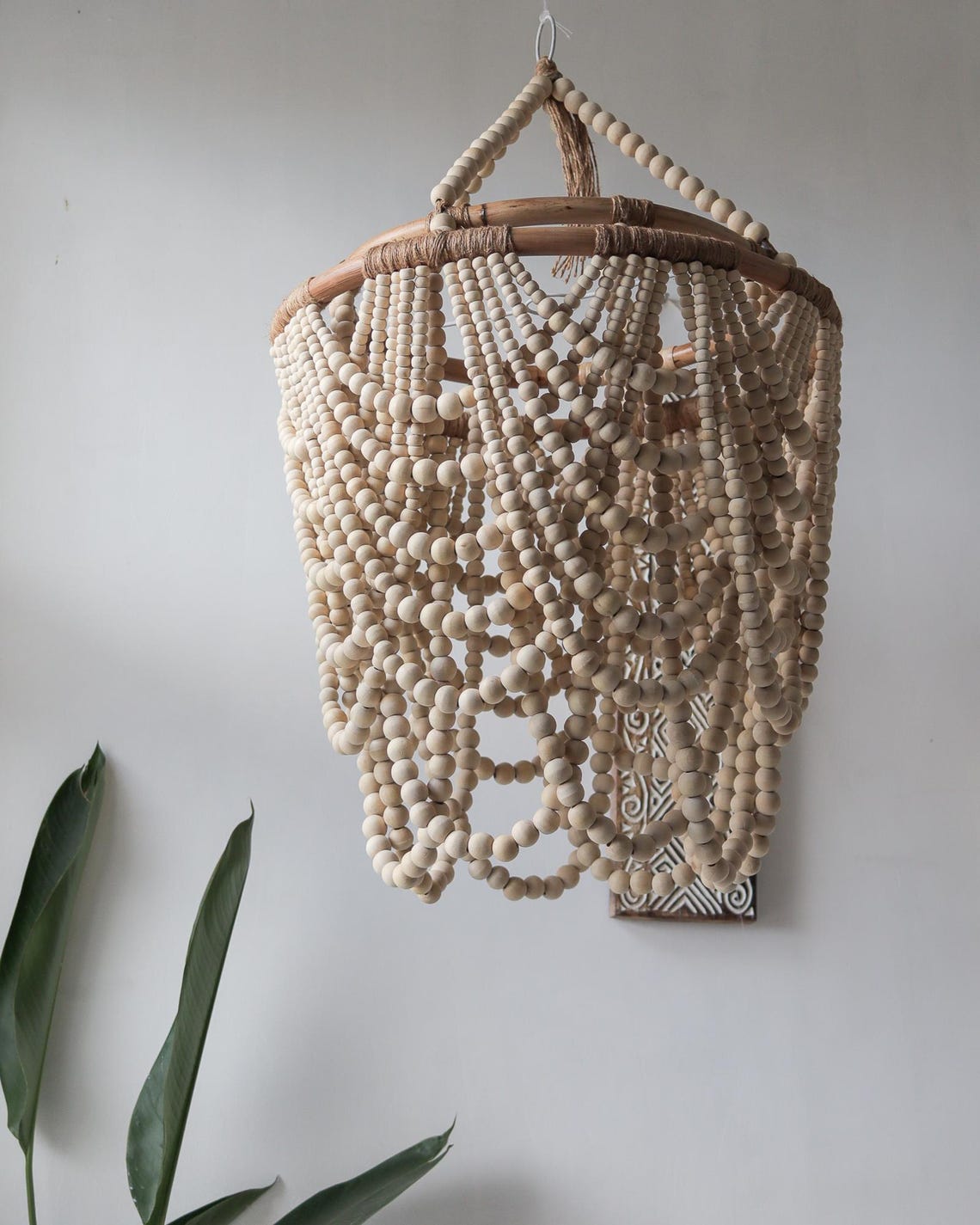 Wood Beaded Ceiling Light, Beaded Chandelier in Beige Color,natural ...
