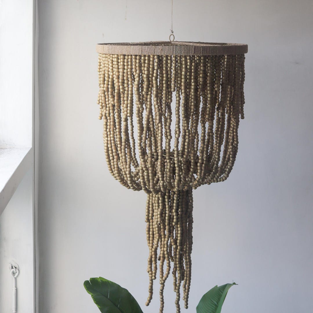 Wood Beaded Ceiling Light, Beaded Chandelier in Gold,gold Beaded ...
