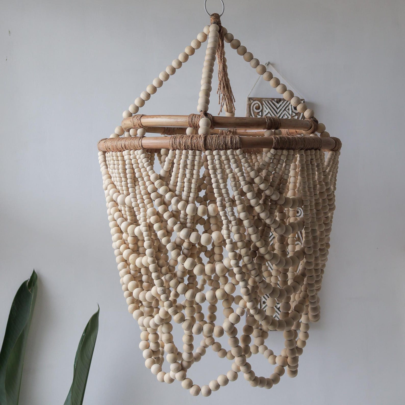Wood Beaded Ceiling Light, Beaded Chandelier in Beige Color,natural ...