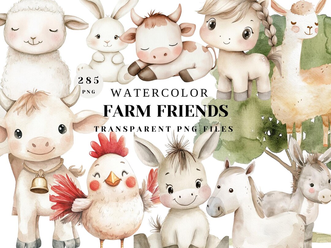 Watercolor Farm Friends Clipart Cute Farm Animals PNG Baby Animals ...