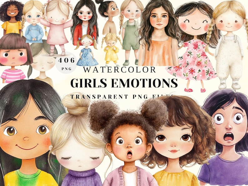 Watercolor Girls Emotions Clipart | Different Girls' Faces PNG | Happy ...