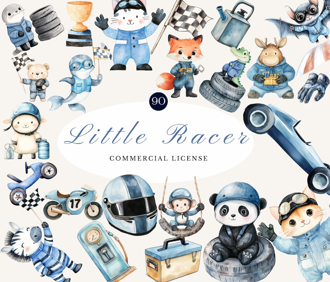 Watercolor Blue Little Racer Clipart Set - Cute Animals, Racing Cars ...