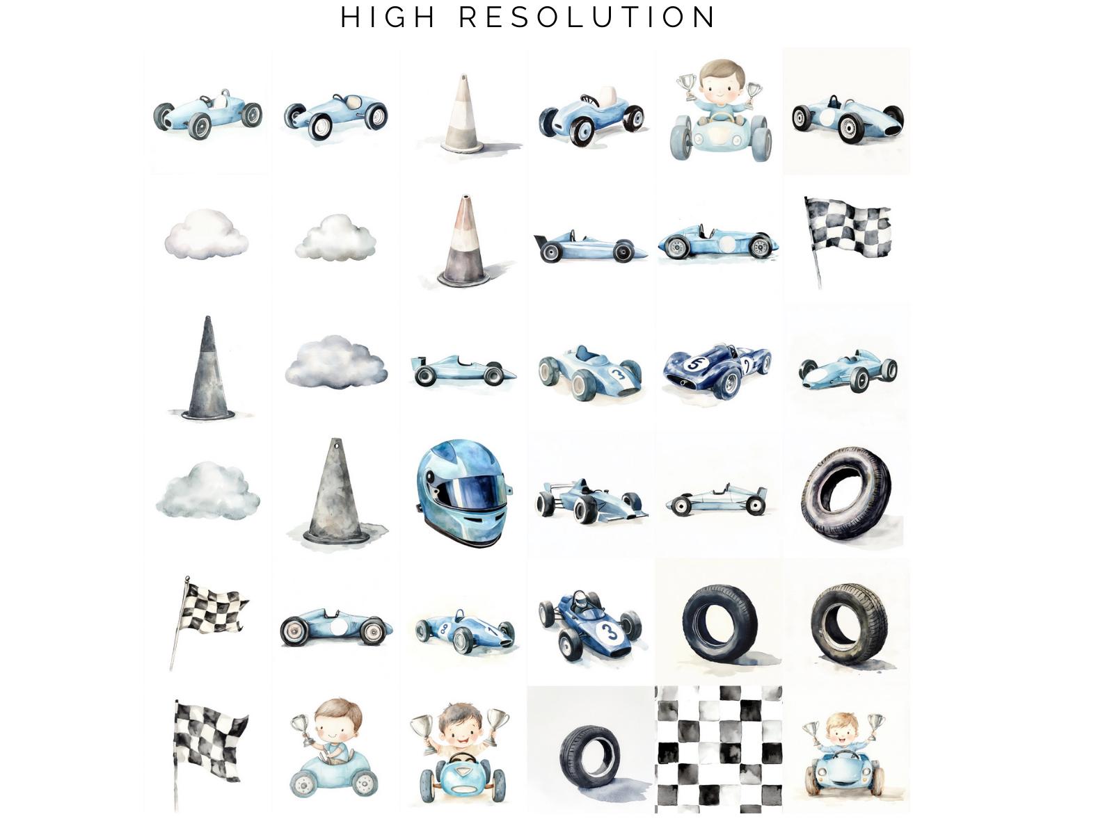 Watercolor Little Racer Clipart | Blue Race Car PNG | Cute Kids Racing ...