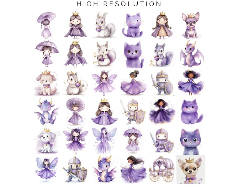 Purple Princess Clipart Set | Watercolor Fairytale PNG Files | Castle ...