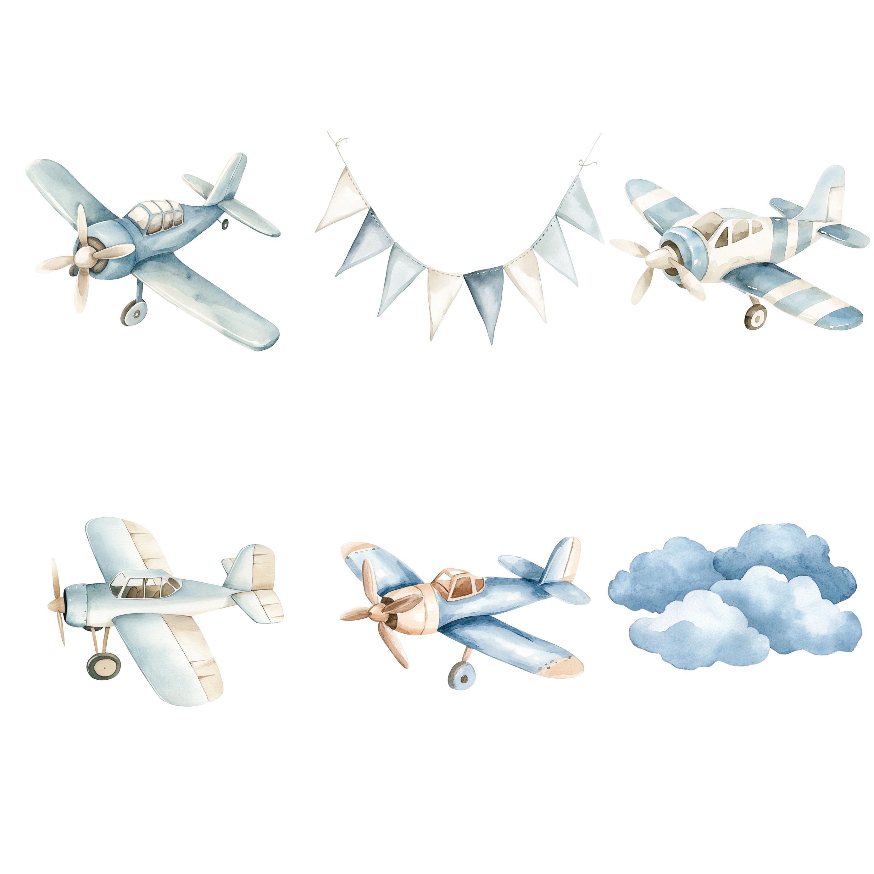 Watercolor Air Transportation Clipart, Vintage Blue Plane Helicopter ...