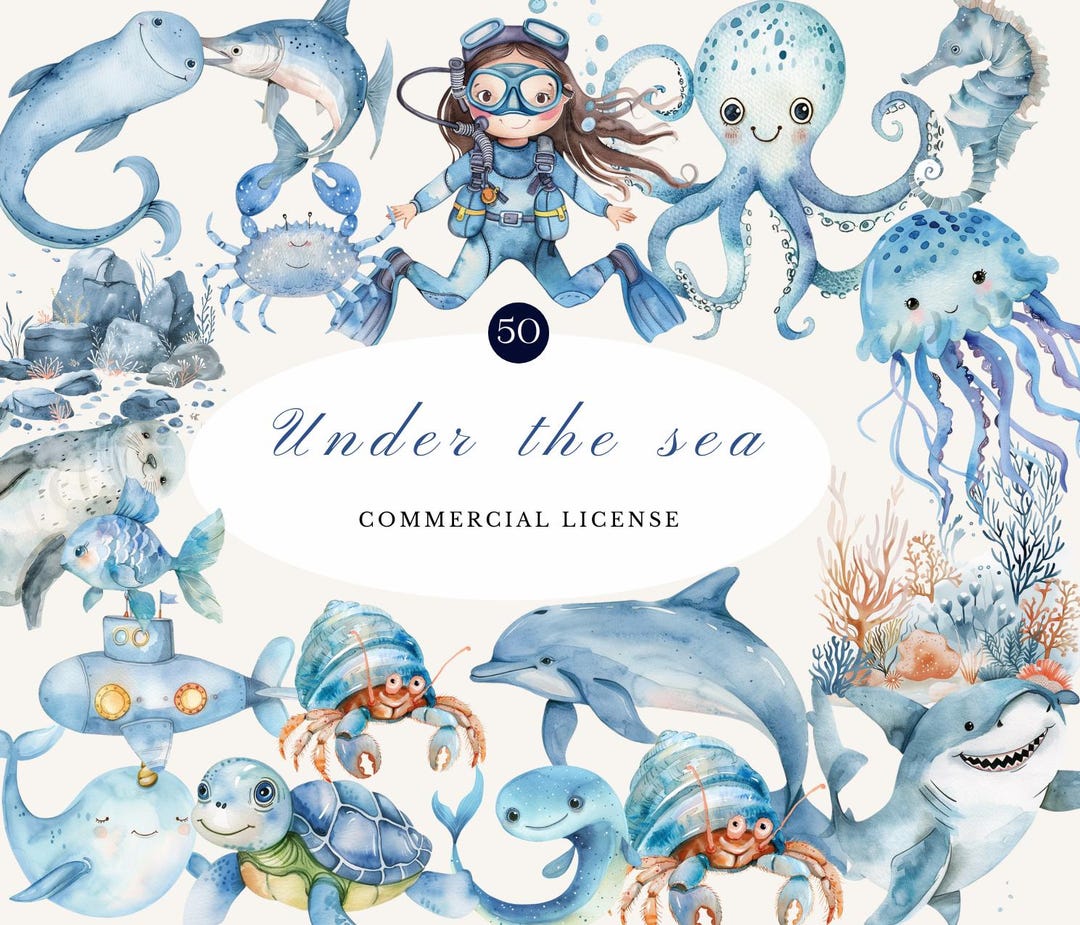 Under the Sea Watercolor Clipart Set - Blue Ocean Animals, Cute Divers ...