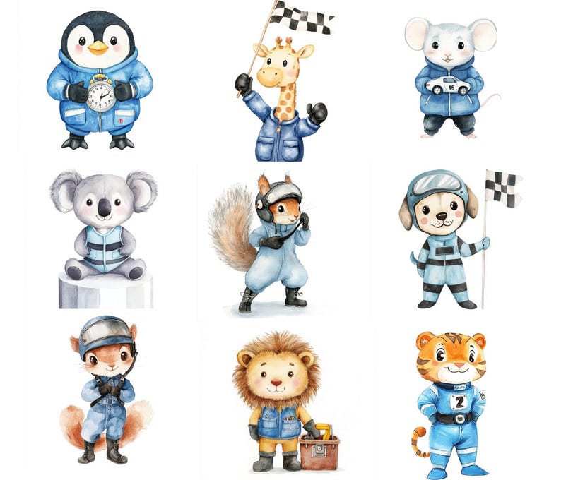 Watercolor Blue Little Racer Clipart Set - Cute Animals, Racing Cars ...