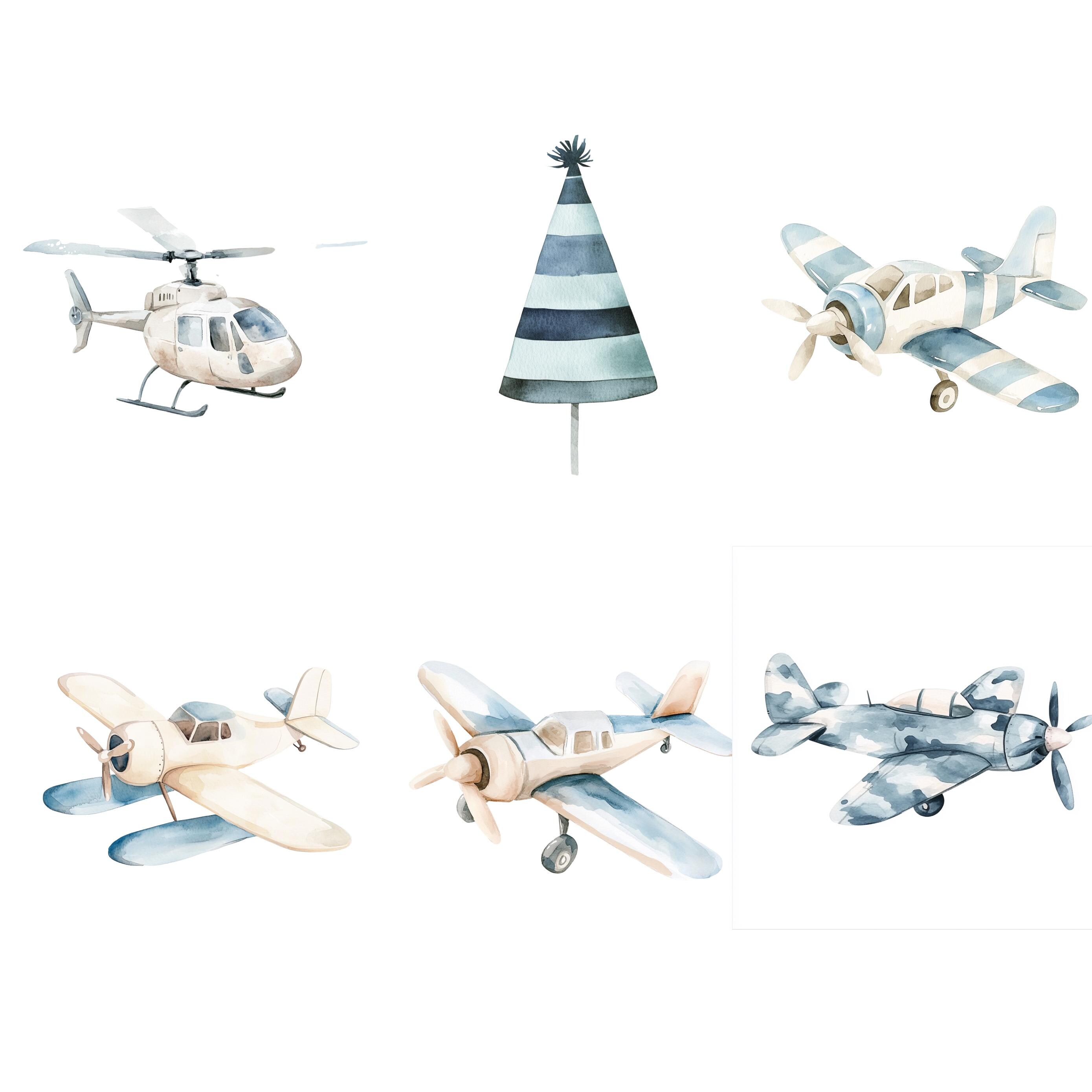 Watercolor Air Transportation Clipart, Vintage Blue Plane Helicopter ...
