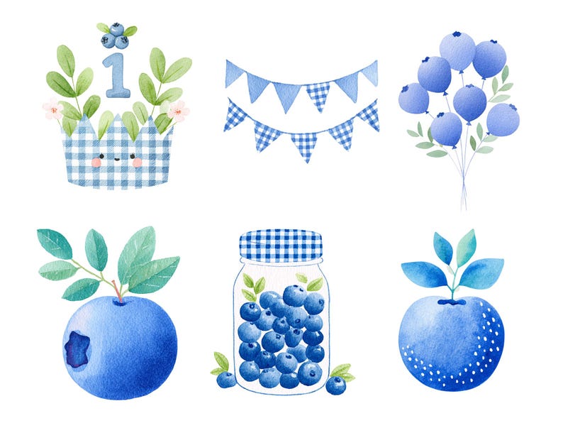 Blueberry First Birthday Clipart Bundle Watercolor Blue Gingham Party ...