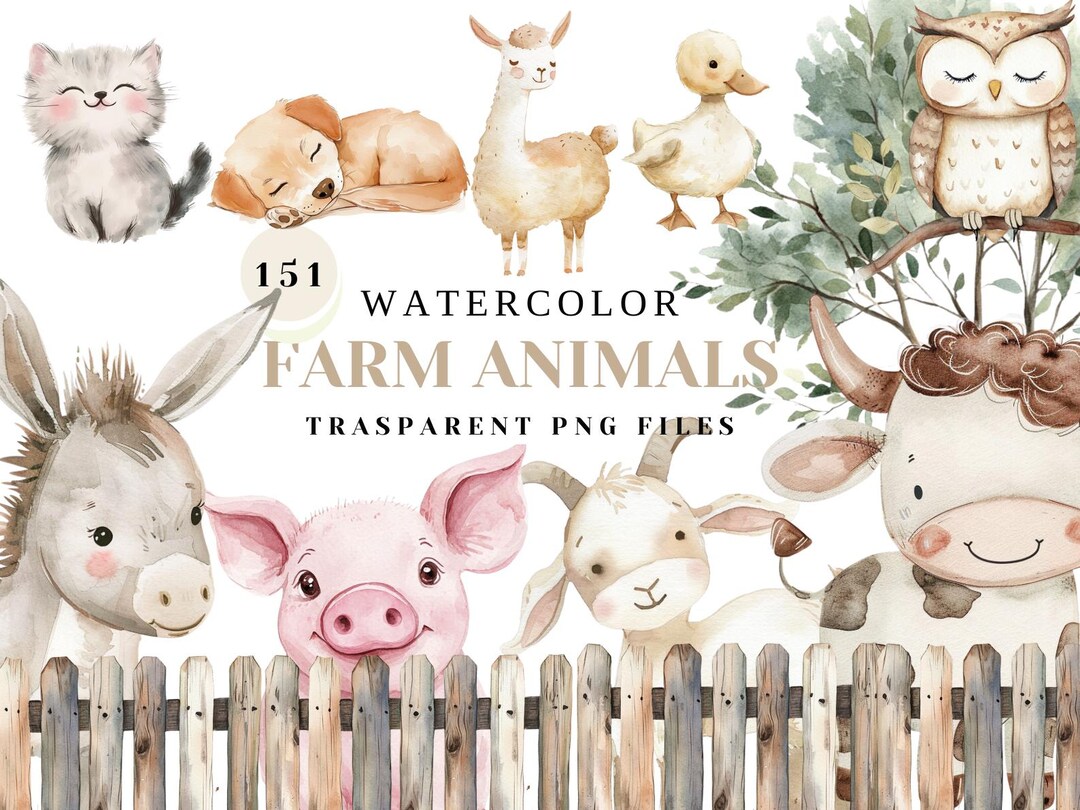 Watercolor Farm Animals Clipart Bundle | 151 Adorable Farm Animal ...