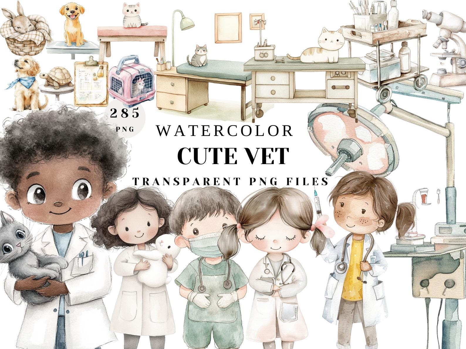 Watercolor Cute Vet Clipart | Animal Clinic PNG Files | Veterinarian ...