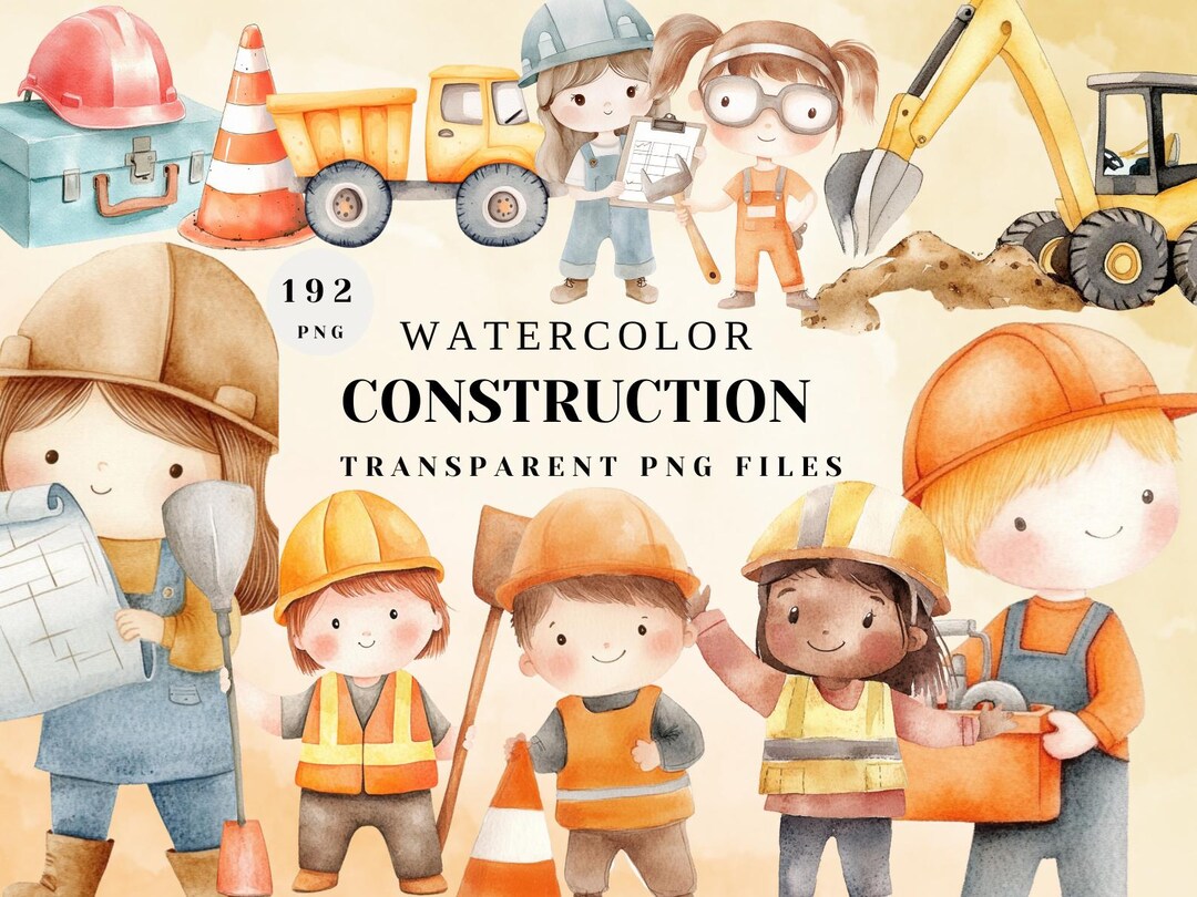 Watercolor Construction Clipart Set - Cute Kids Builder Clip Art ...