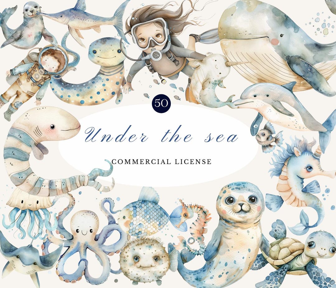 Under the Sea Watercolor Clipart Set - Cute Sea Animals, Divers, Whales ...