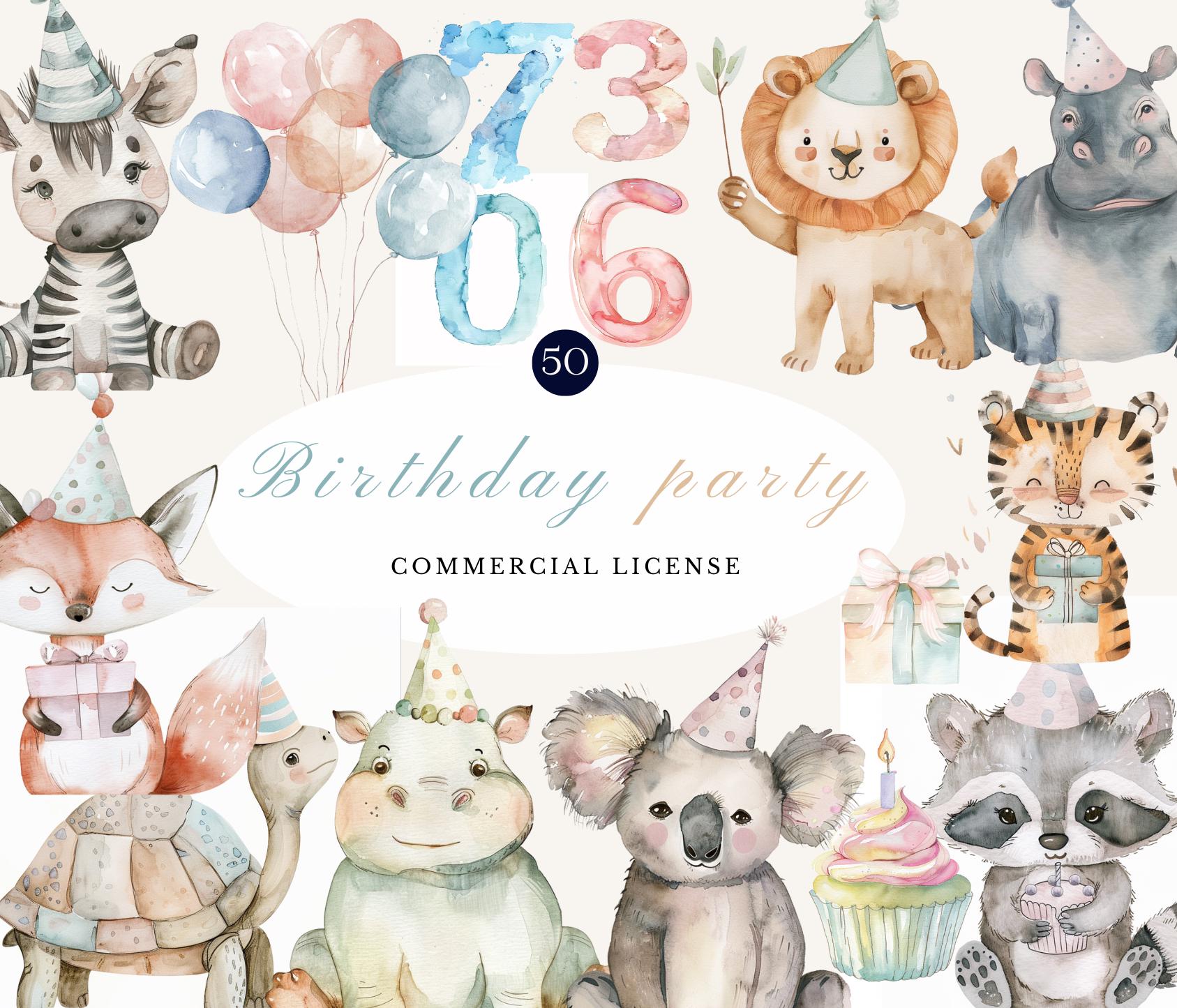 Watercolor Birthday Party Clipart | Cute Animals, Balloons & Numbers ...