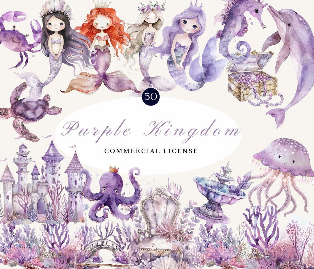Whimsical Mermaid Clipart Bundle - Purple Kingdom Watercolor Graphics ...