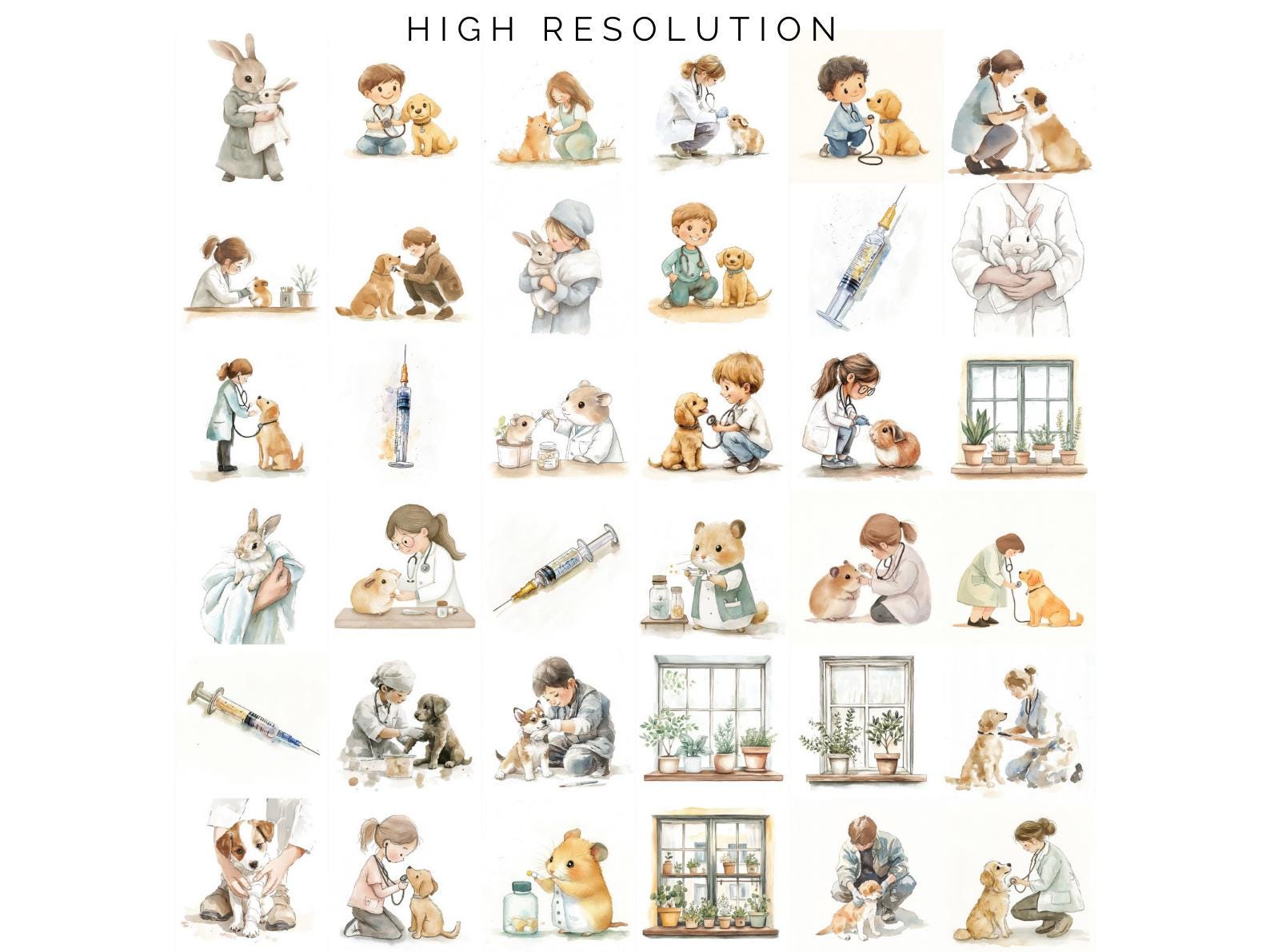 Watercolor Cute Vet Clipart | Animal Clinic PNG Files | Veterinarian ...