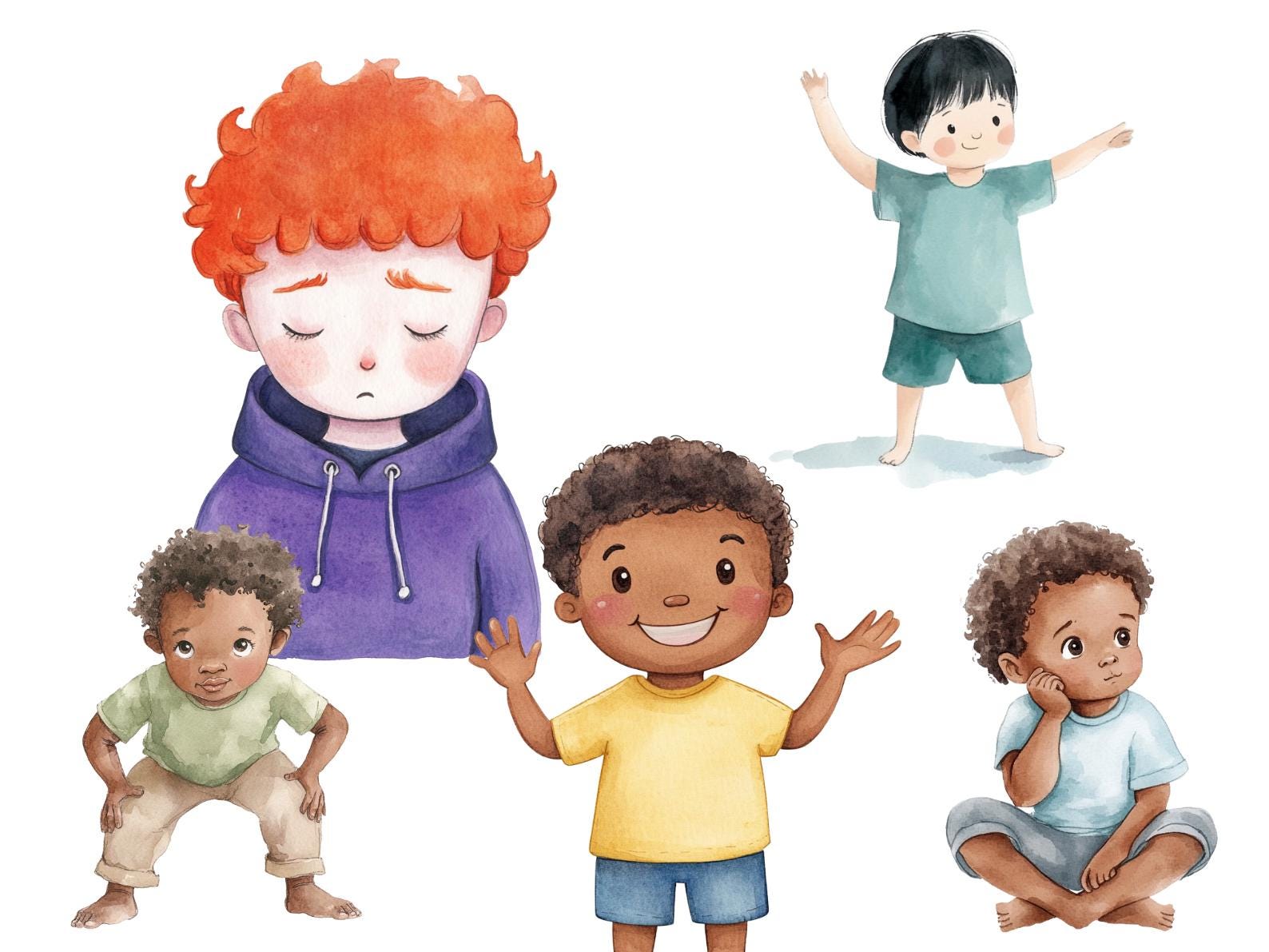 Watercolor Boys Emotions Clipart | Diverse Boys' Faces PNG | Happy, Sad ...