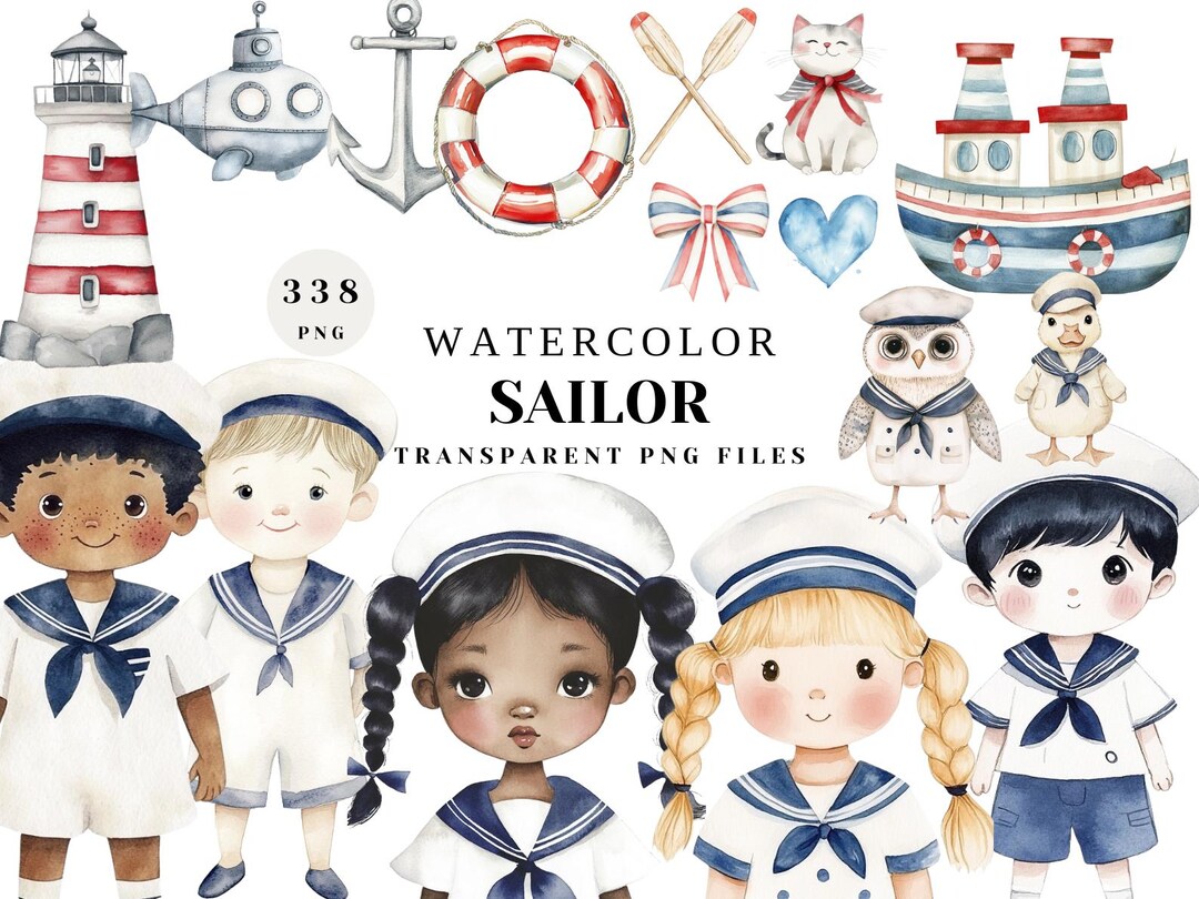 Watercolor Sailor Clipart Set | Nautical Kids Graphics | DIY Party ...