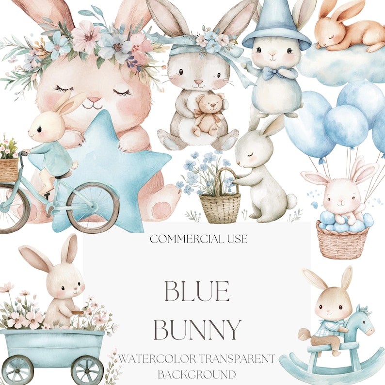 Blue Boho Bunny Nursery Clipart Bundle | Watercolor Easter ...