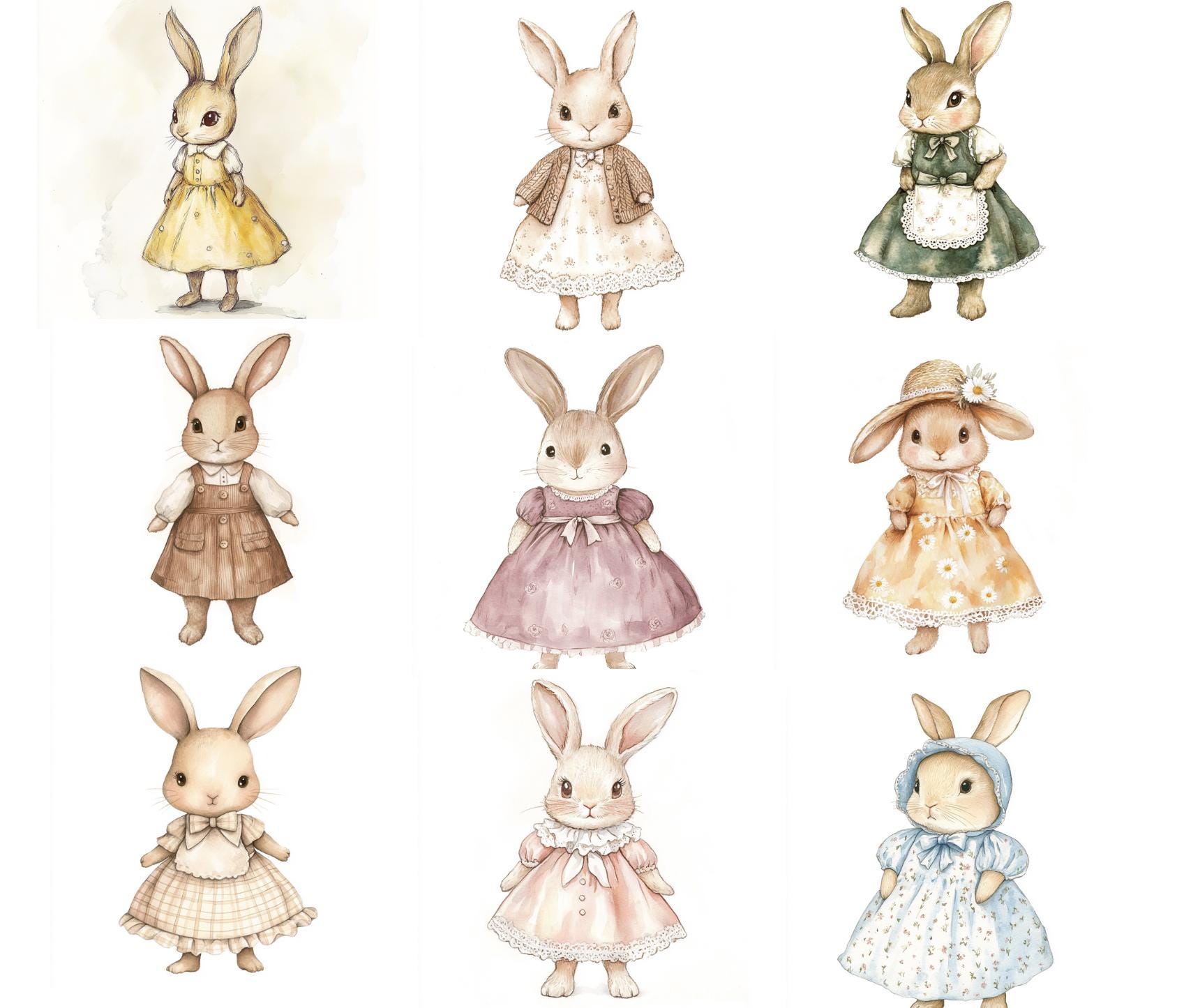 Vintage Bunny Watercolor Clipart Cute Rabbits in Dresses, Easter Bunny ...
