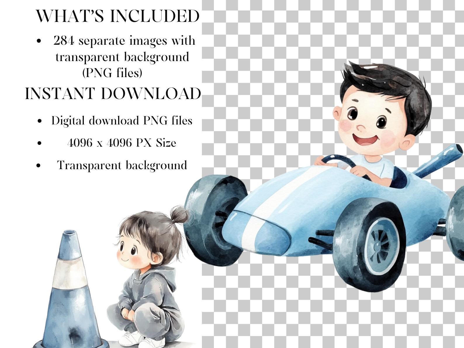 Watercolor Little Racer Clipart | Blue Race Car PNG | Cute Kids Racing ...