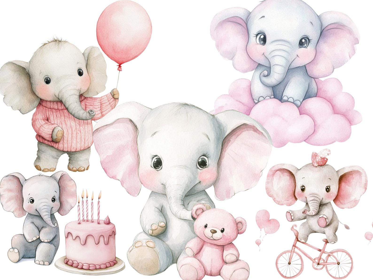 Watercolor Pink Baby Elephant Clipart Set - Kids Clipart - Pink Balloon ...