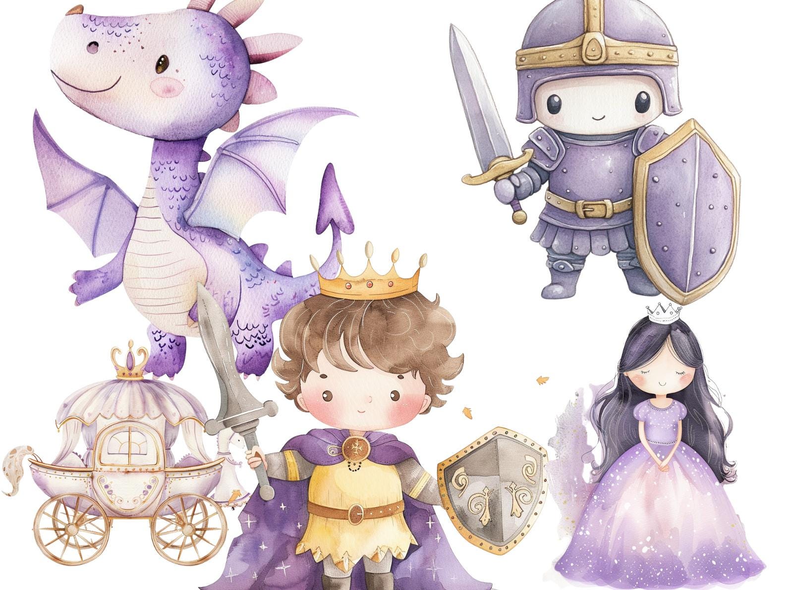 Purple Princess Clipart Set | Watercolor Fairytale PNG Files | Castle ...