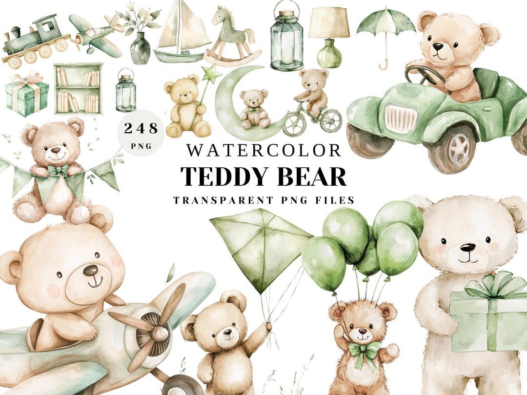 Watercolor Teddy Bear Clipart Bundle – 248 PNG Transparent Files for ...