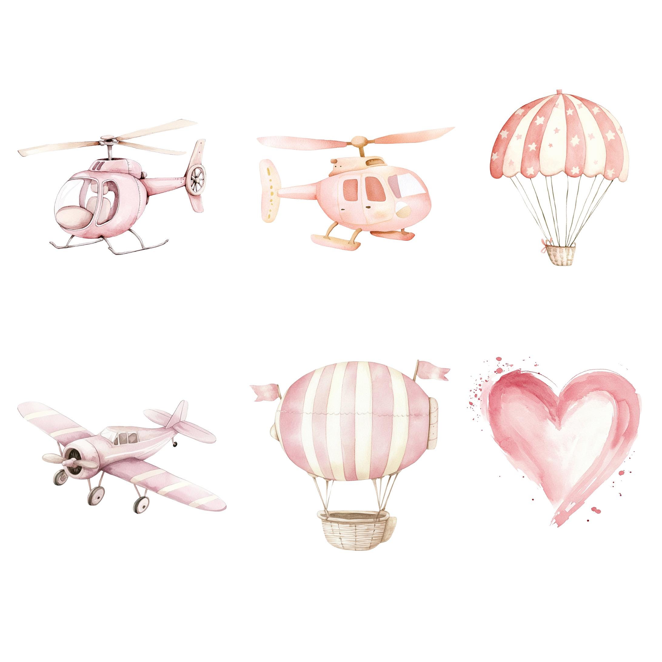 Watercolor Air Transportation Clipart, Pink Plane Helicopter Graphics ...