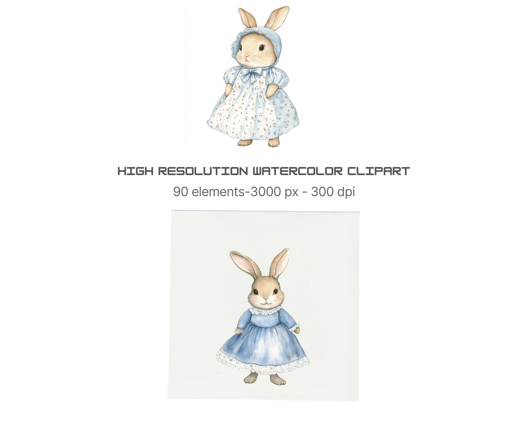 Vintage Bunny Watercolor Clipart Cute Rabbits in Dresses, Easter Bunny ...