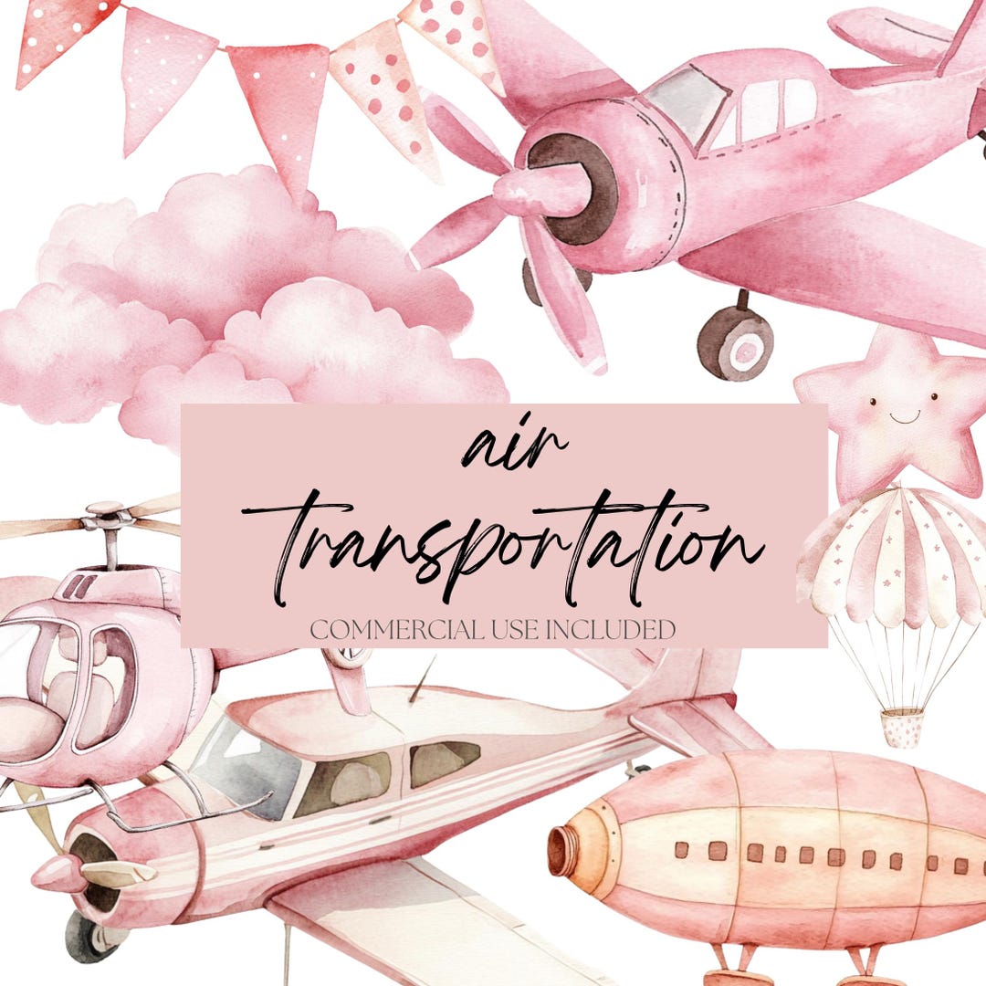 Watercolor Air Transportation Clipart, Pink Plane Helicopter Graphics ...