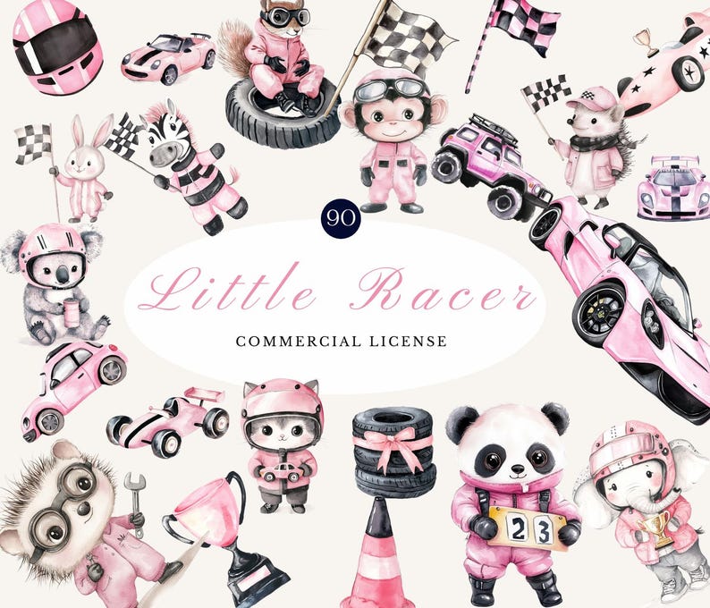Watercolor Pink Little Racer Clipart Set - Cute Animals, Racing Cars ...