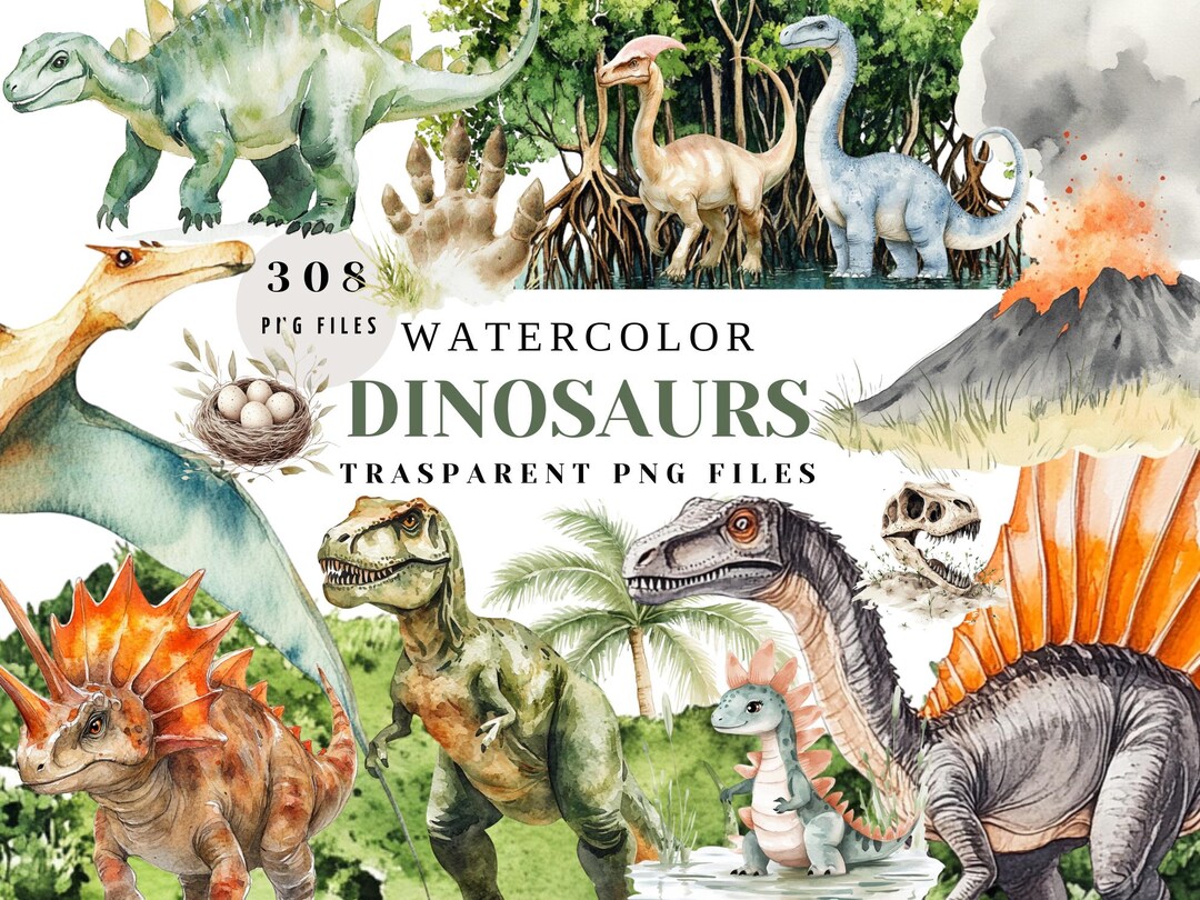 308 Watercolor Dinosaur Clipart Bundle | Prehistoric PNG Files for ...