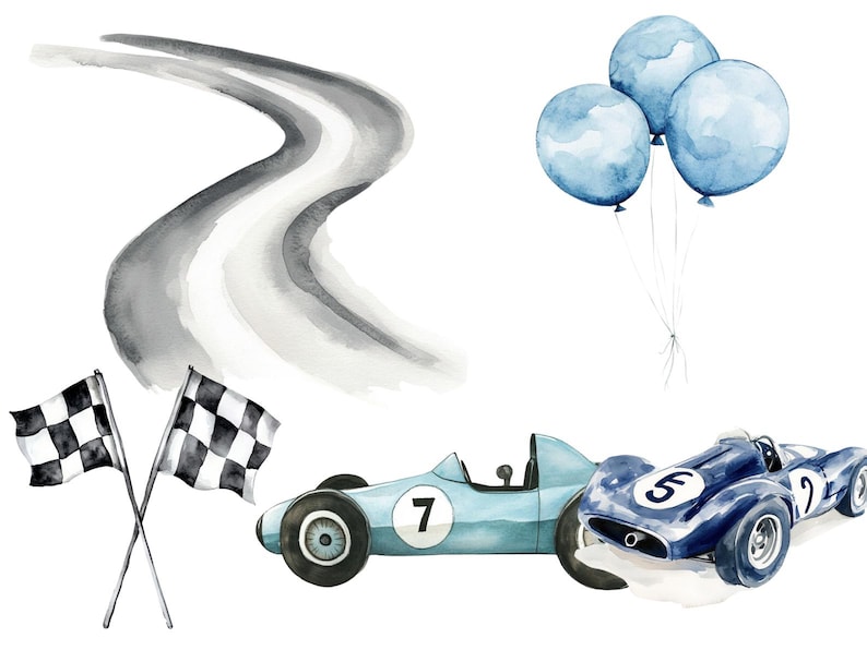 Watercolor Little Racer Clipart | Blue Race Car PNG | Cute Kids Racing ...