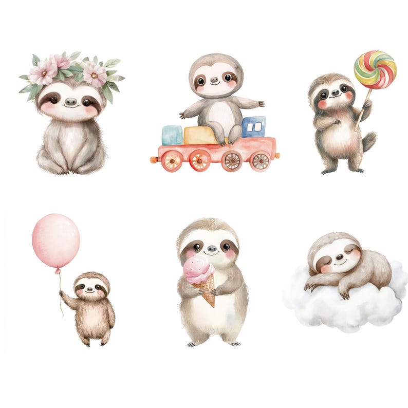 Cute Baby Sloth Watercolor Clipart Bundle | Hand Painted Sloth ...