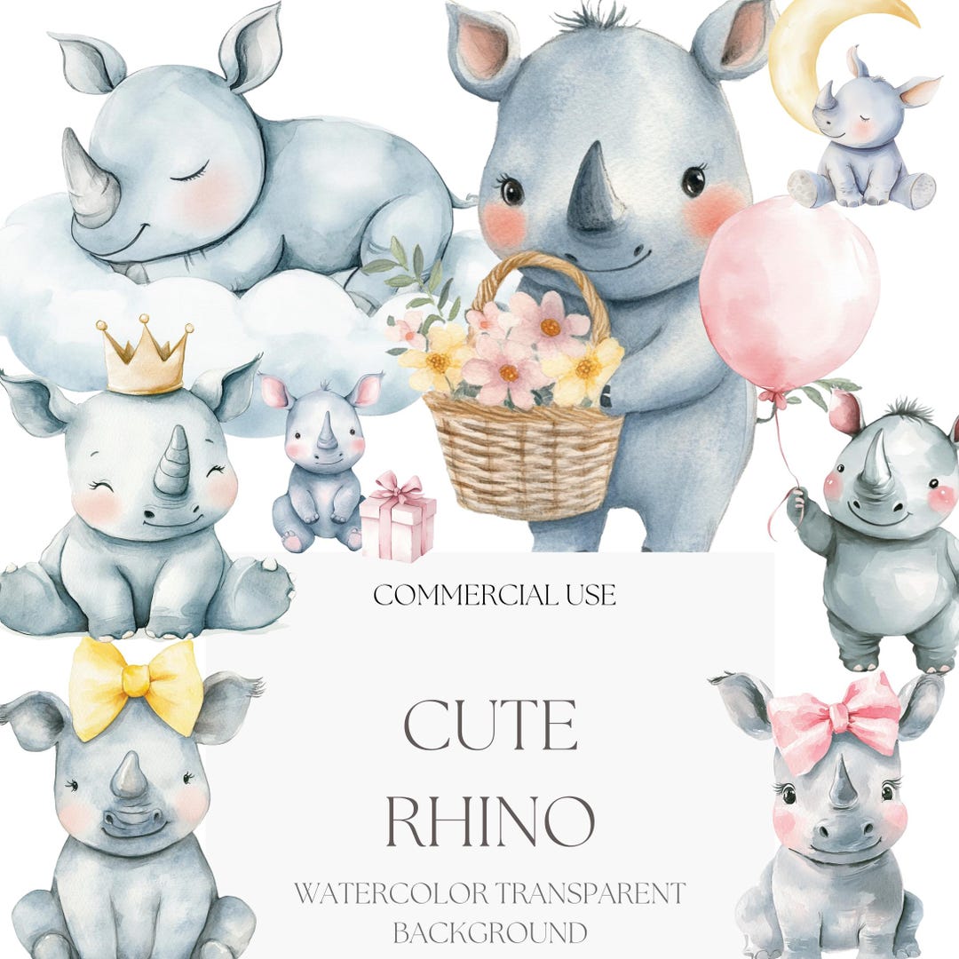 Cute Baby Rhino Watercolor Clipart Bundle | Hand Painted Rhino ...