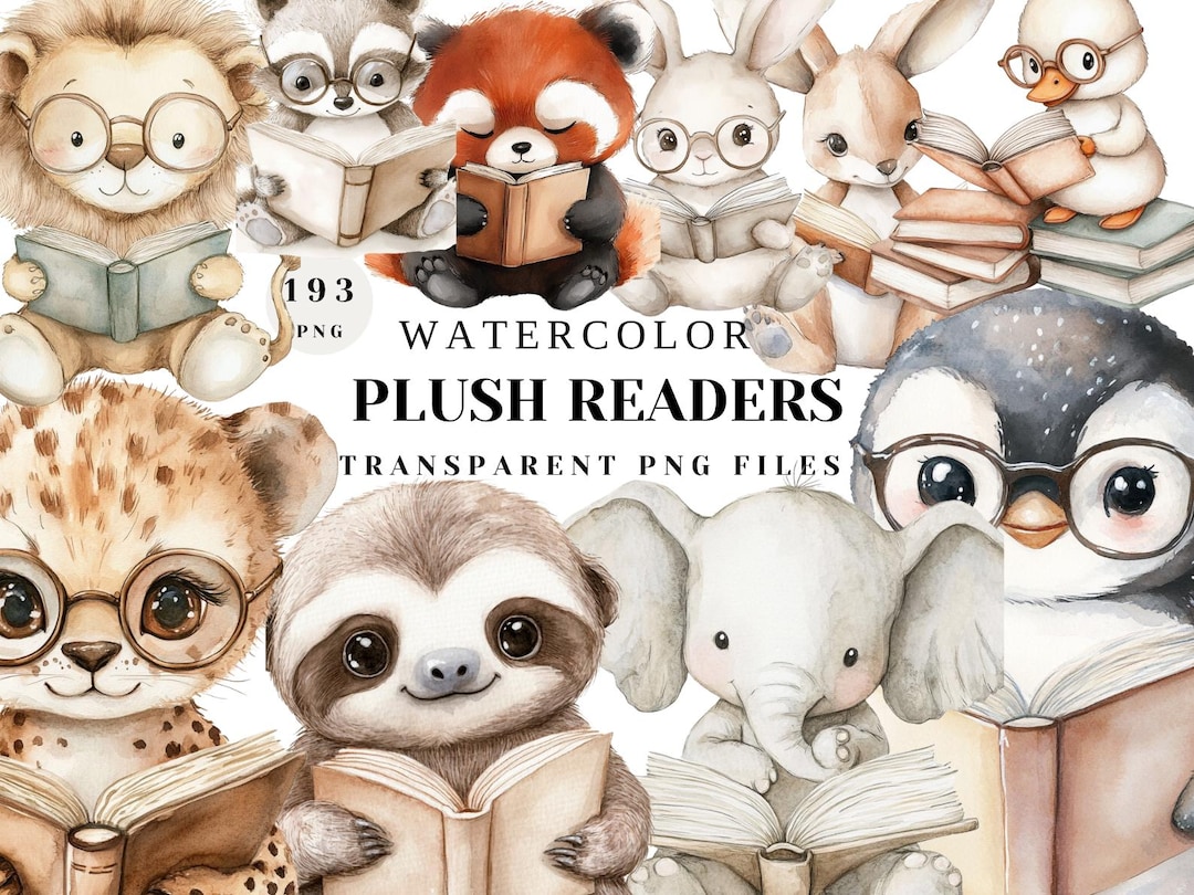 Watercolor Plush Readers Clipart | Cute Animals With Books PNG ...