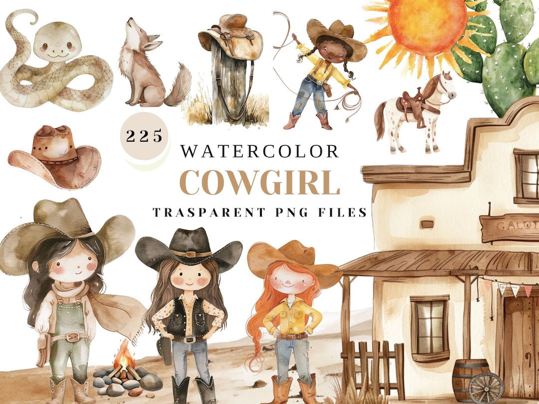 Watercolor Cowgirl Clipart Bundle | 225 Rustic Western-themed ...