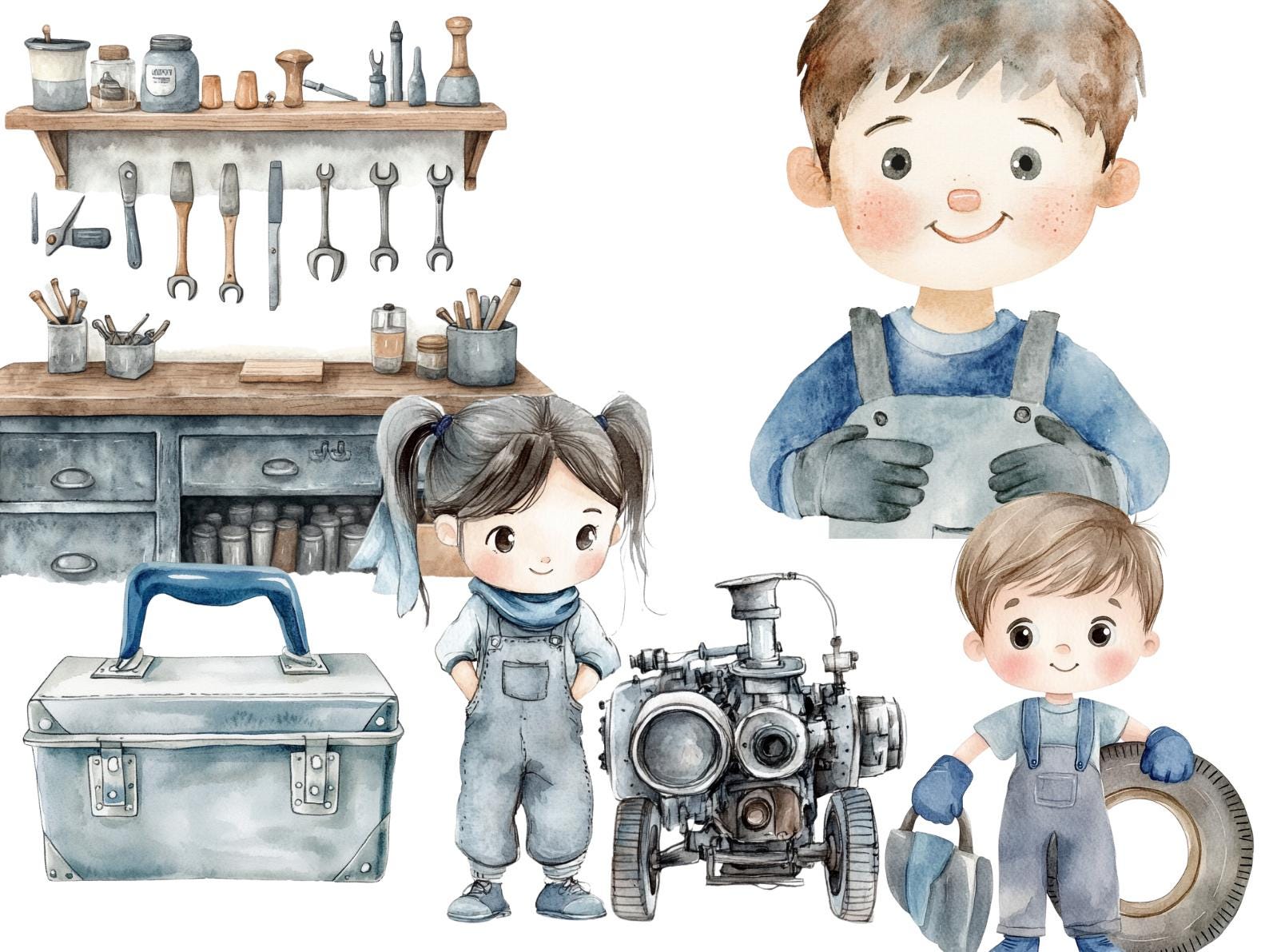 Mechanic Watercolor Clipart Set - Nursery Clippart Boys & Girls ...