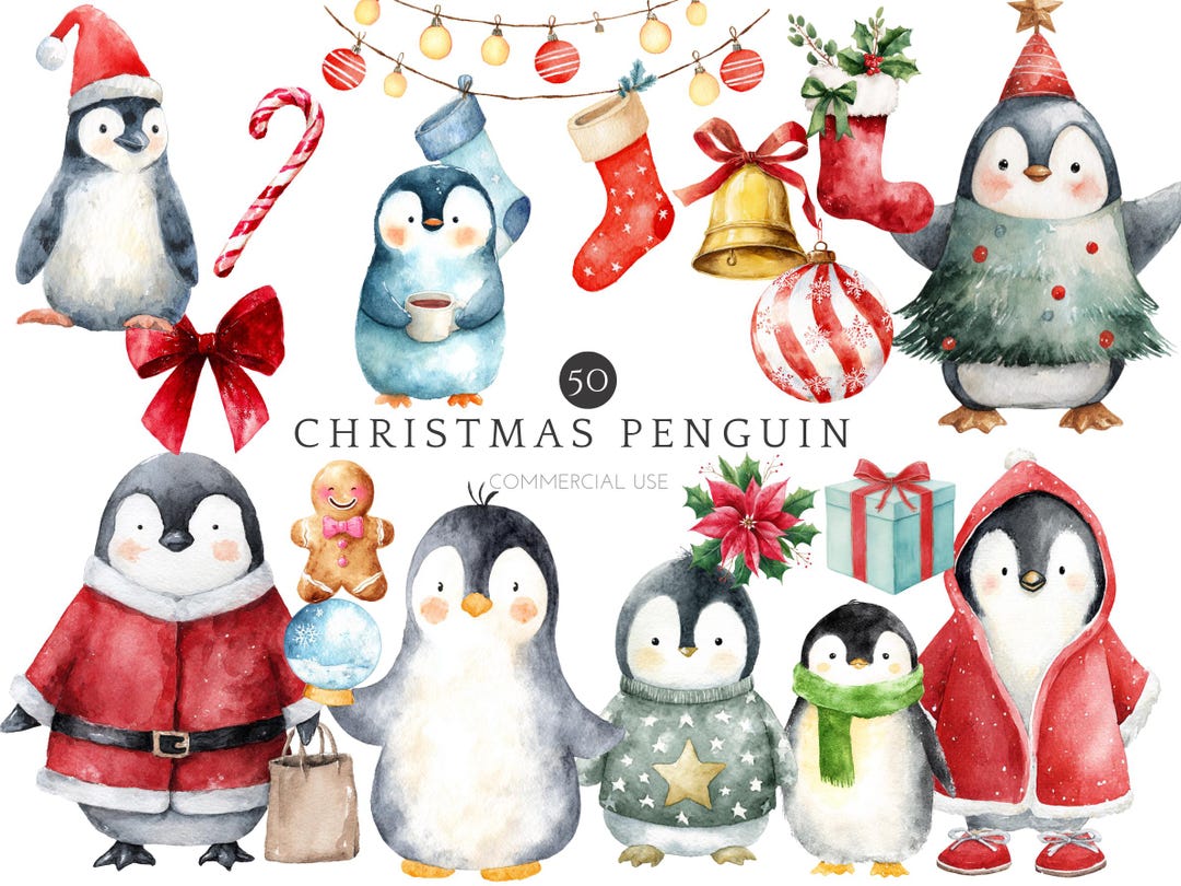 Christmas Penguin Clipart Bundle Cute Winter Penguins With Santa Hats ...