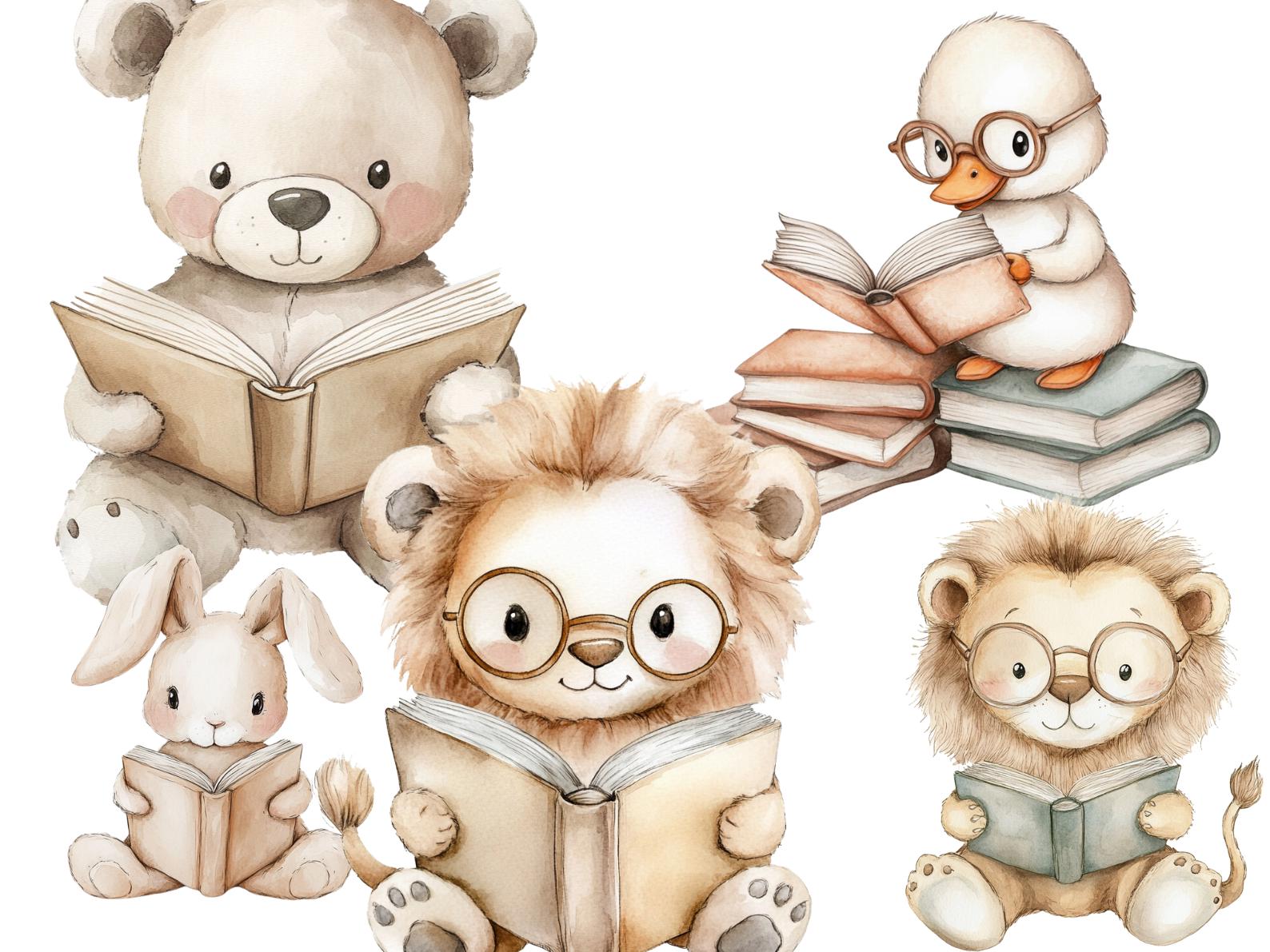 Watercolor Plush Readers Clipart | Cute Animals With Books PNG ...