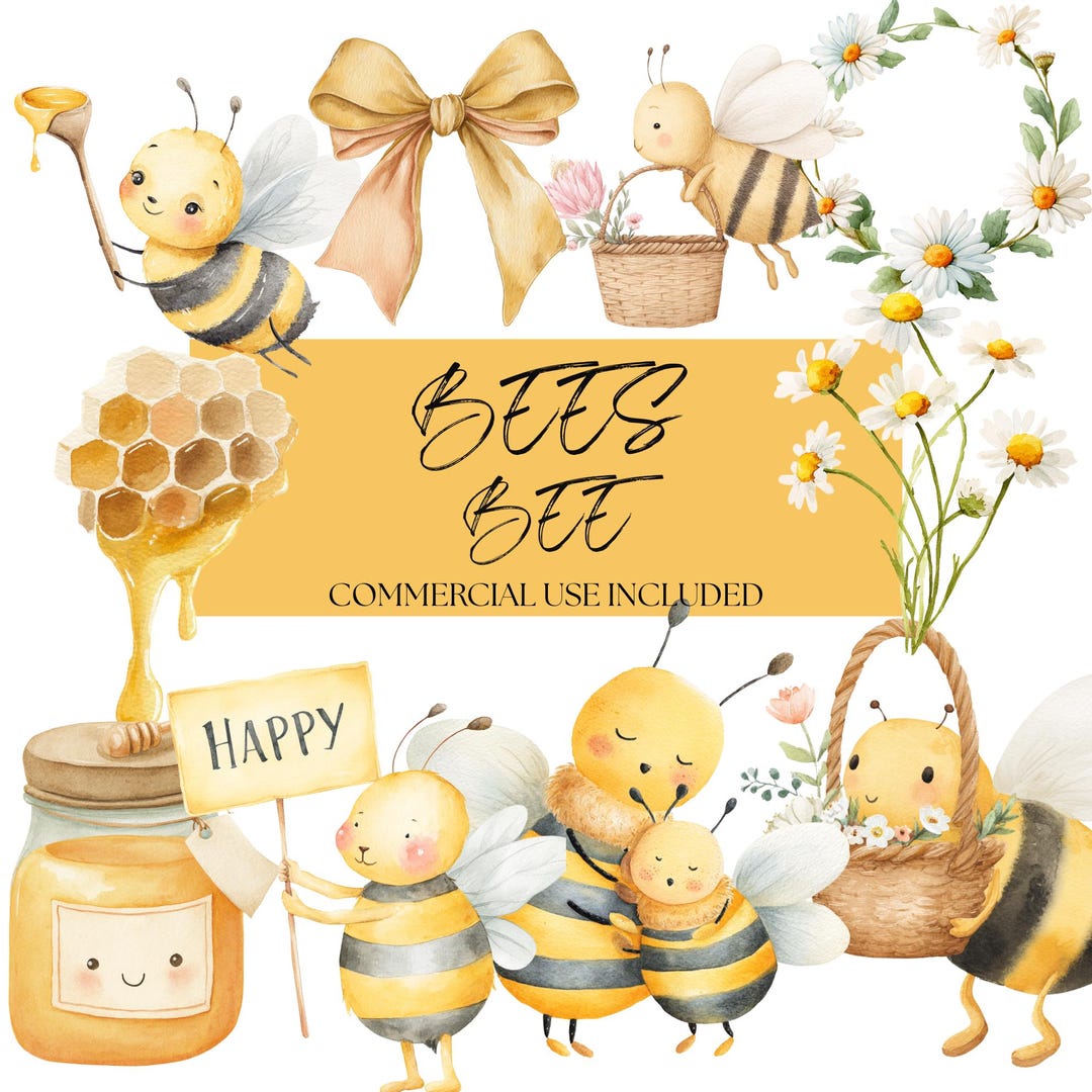 Watercolor Happy Bee Clipart Bundle, Digital Download - Etsy