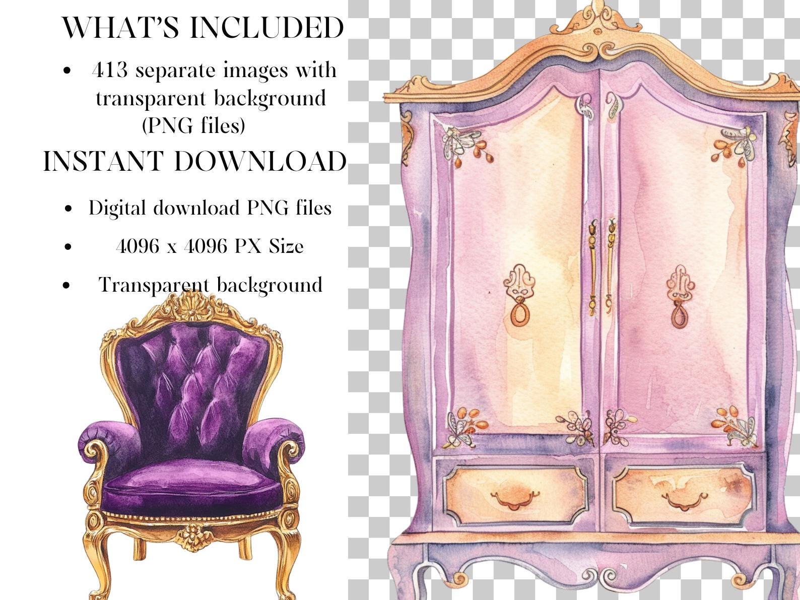 Purple Princess Clipart Set | Watercolor Fairytale PNG Files | Castle ...
