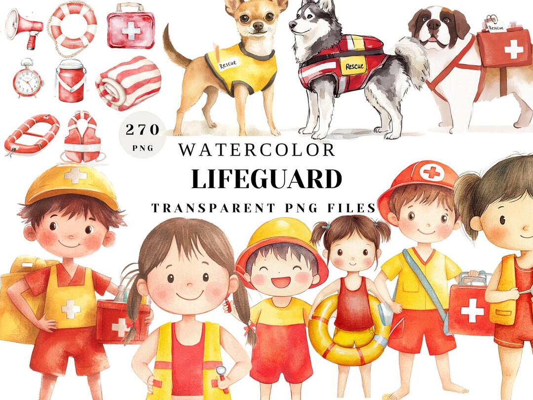 Watercolor Lifeguard Clipart | Rescue Dogs Kids PNG | Lifebuoys, First ...