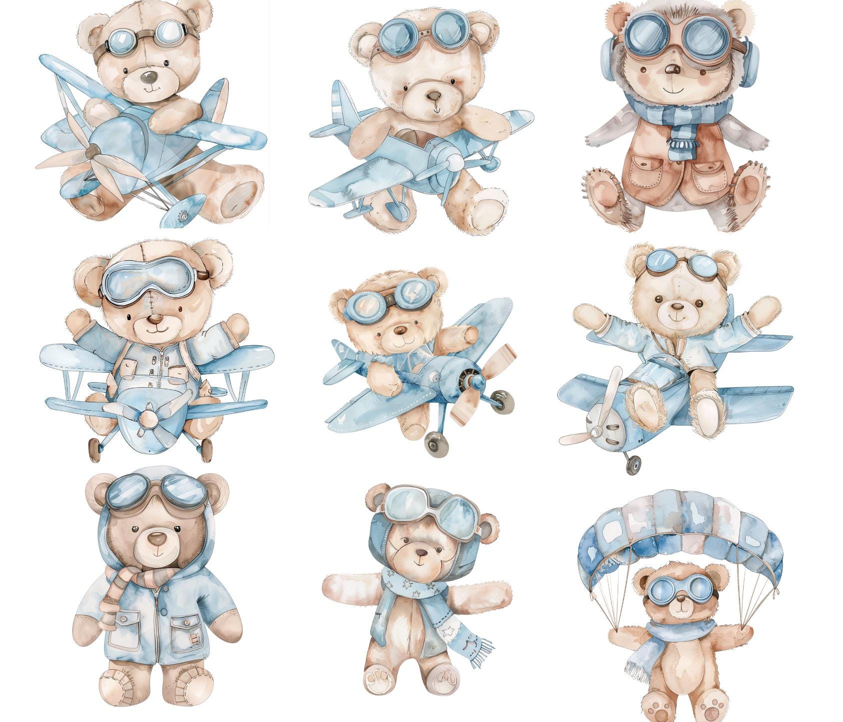 Aviator Teddy Bear Watercolor Clipart Cute Pilot Bear PNG, Blue ...