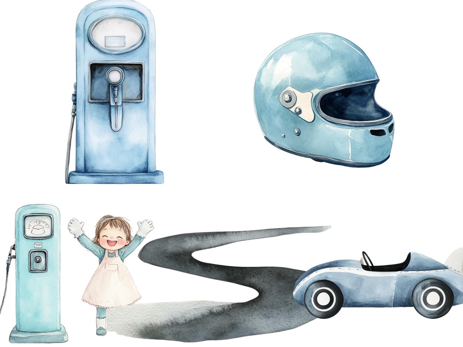 Watercolor Little Racer Clipart | Blue Race Car PNG | Cute Kids Racing ...
